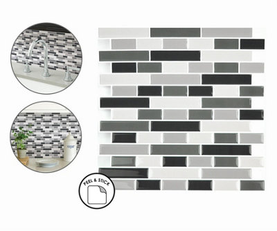 Smoked Glass Backsplash Tiles Peel & Stick 4pcs White Grey Black Home ...