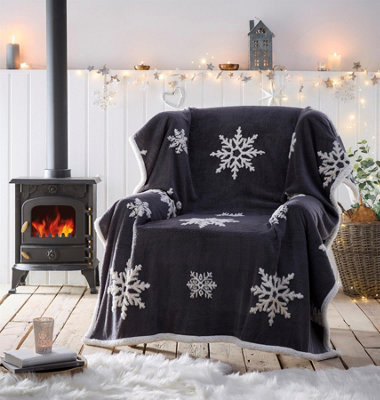 Snowflake Sherpa Fleece Throw 130x170cm Grey
