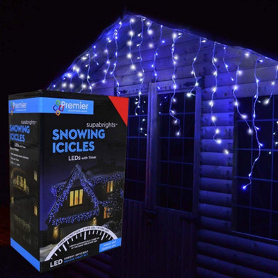 Snowing Icicles Outdoor Christmas Fairy Lights & Timer - Blue White ...