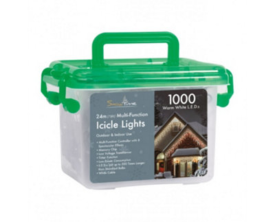 Snowtime 1000 Multi-Function Icicle LED Lights in Warm White - 24m Lit Length