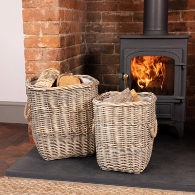 Snug Set Of Two Fabric Lined Wicker Log Baskets Handmade Rope