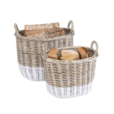 Snug Set Of Two Two Toned Wicker Log Baskets Storage Handmade