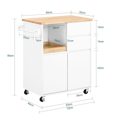 SoBuy Kitchen Trolley Mobile Storage Cabinet with Rubber Wood Worktop White