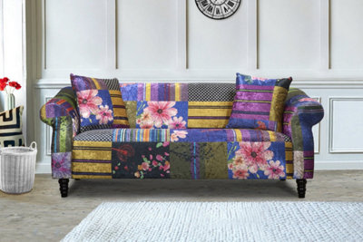 Sofa 3 Seater in Multicolour Fabric Patchwork Sofa