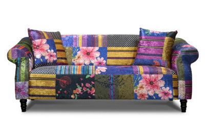 Sofa 3 Seater in Multicolour Fabric Patchwork Sofa