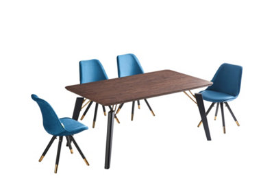 Sofia Cosmo Walnut LUX Dining Set with 4 Blue Velvet Chairs | DIY at B&Q
