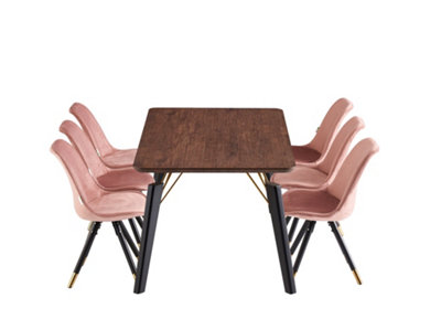 Sofia Cosmo Walnut LUX Dining Set with 6 Pink Velvet Chairs | DIY at B&Q