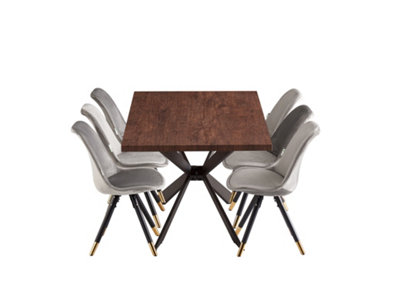 Sofia Duke Walnut LUX Dining Set with 6 Dark Grey Velvet Chairs | DIY ...