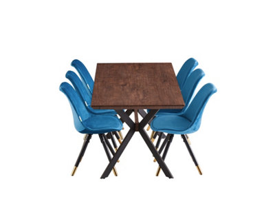 Sofia Rocco Oak LUX Dining Set with 6 Blue Velvet Chairs