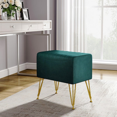 Soft Channel Green Velvet Stool with Padded Gold Legs H 460 mm | DIY at B&Q
