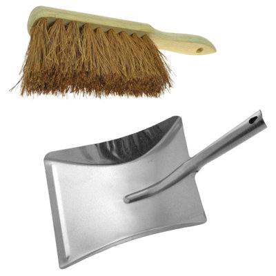 Soft Coco Hand Brush and Galvanised Metal Dustpan Set - Natural Coconut Bristles with Wooden ...