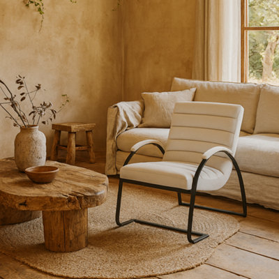 Soft Cream Ribbed Bouclé Accent Chair with Black Metal Frame