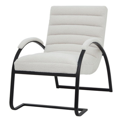 Soft Cream Ribbed Bouclé Accent Chair with Black Metal Frame
