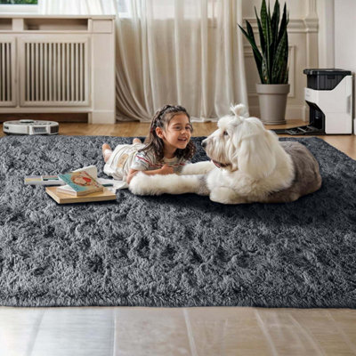 Soft Shaggy Rug Grey Faux Fur Fluffy Large Area Bedroom Living Room Carpet