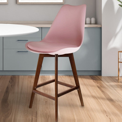 Soho Blush Pink Plastic Bar Stool with Dark Wood Legs