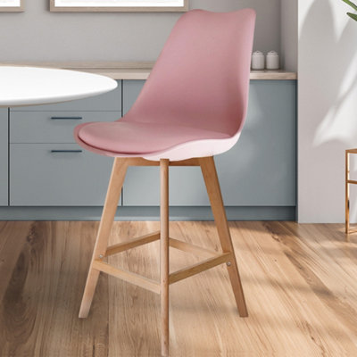 Soho Blush Pink Plastic Bar Stool with Light Wood Legs