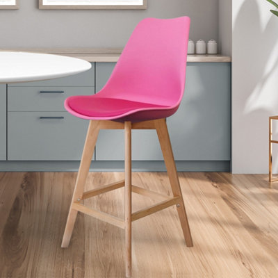 Soho Bright Pink Plastic Bar Stool with Light Wood Legs
