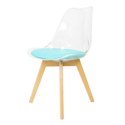 Soho Clear and Aqua Plastic Dining Chair with Squared Light Wood Legs