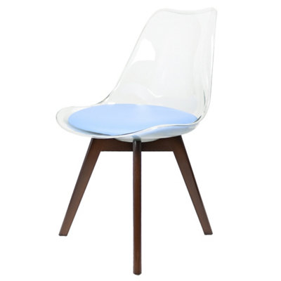 SOHO CLEAR AND BLUE PLASTIC DINING CHAIR WITH SQUARED DARK WOOD LEGS