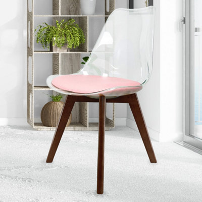 SOHO CLEAR AND BLUSH PINK PLASTIC DINING CHAIR WITH SQUARED DARK WOOD LEGS
