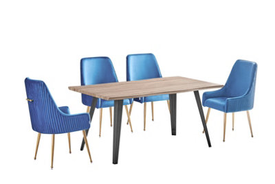 Soho Rocco Walnut LUX Dining Set with 4 Blue Velvet Chairs | DIY at B&Q