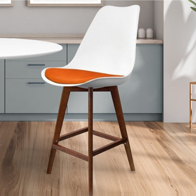 Soho White & Orange Plastic Bar Stool with Dark Wood Legs