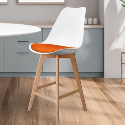 Soho White & Orange Plastic Bar Stool with Light Wood Legs