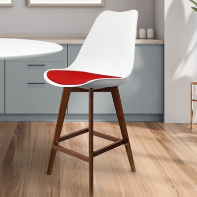 Soho White & Red Plastic Bar Stool with Dark Wood Legs