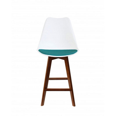 Soho White & Teal Plastic Bar Stool with Dark Wood Legs