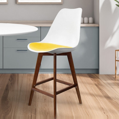 Soho White & Yellow Plastic Bar Stool with Dark Wood Legs