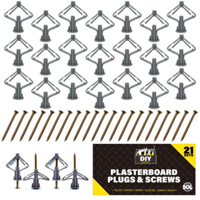 SOL 21pk Plasterboard Plugs and 21pk 36mmx12mm Plasterboard Screws ...