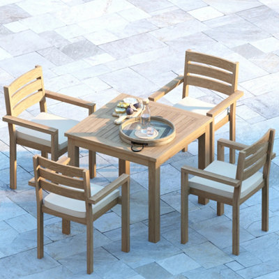Solace Teak Garden Outdoor Dining Table & 4 Seat Chair Set - With Green ...