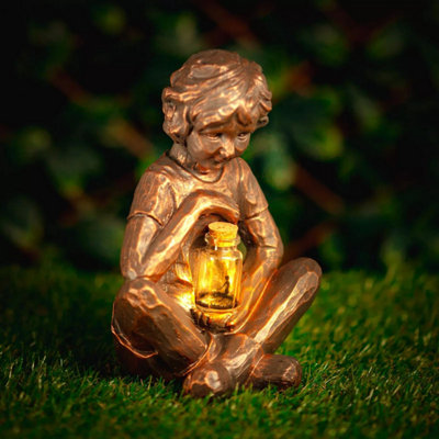 Solar Boy Garden Ornament LED Light Up Lantern Fairy Jar Bottle Outdoor ...