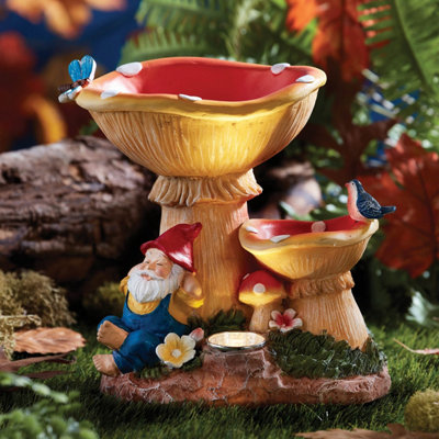 Solar Gnome Under Toadstool, Birdbath or Feeder, 20cm Garden Ornament