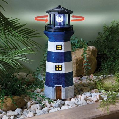 Solar Lighthouse Ornament - Coastal Navy and White Design with Rotating LED