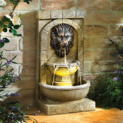 Solar Lions Head Water Feature - Cascading Water & LED Lights ...
