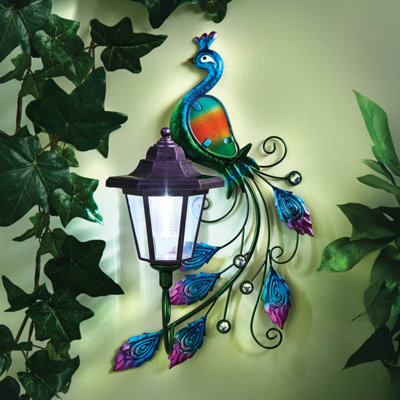 Solar Peacock Wall Art with LED Light - Metal Garden Décor, Colourful ...