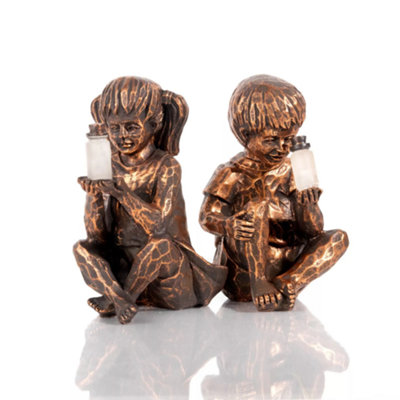 Solar Powered Boy and Girl with Fireflies Statue Resin Home Garden Ornament