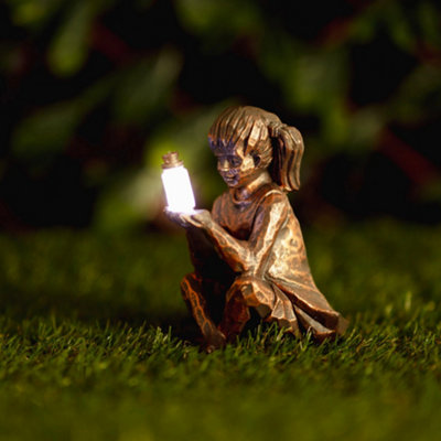 Solar Powered Boy and Girl with Fireflies Statue Resin Home Garden Ornament