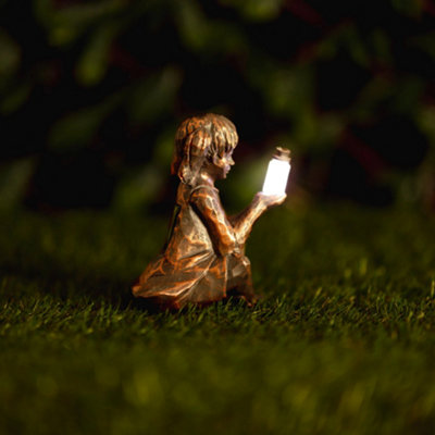Solar Powered Boy and Girl with Fireflies Statue Resin Home Garden Ornament