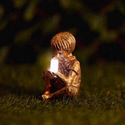 Solar Powered Boy and Girl with Fireflies Statue Resin Home Garden Ornament