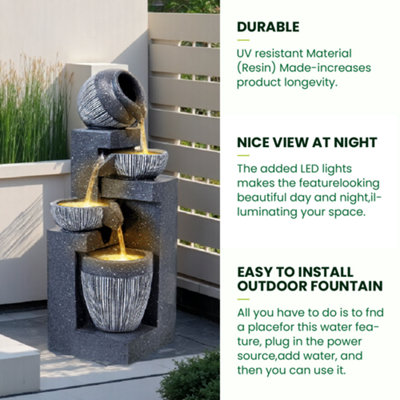Solar Powered Cascading Water Feature Garden Layered LED Fountain ...