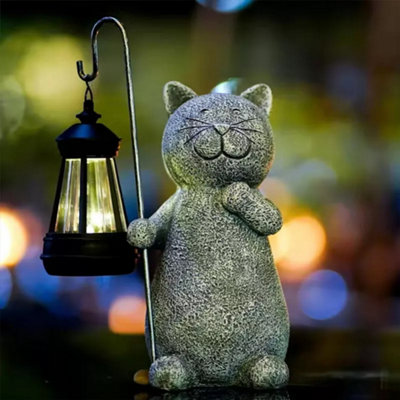 Solar Powered Cat Garden Ornament Statue with Lantern Light - Outdoor Decor