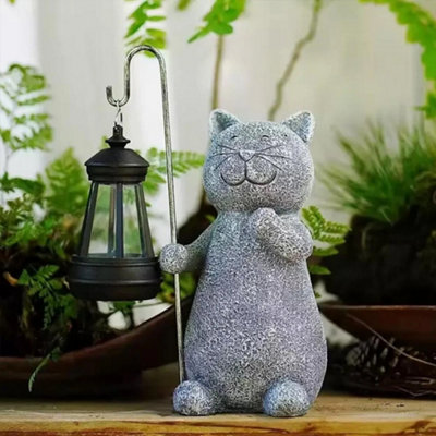 Solar Powered Cat Garden Ornament Statue with Lantern Light - Outdoor Decor