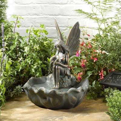 Solar Powered Fairy Leaf Fountain - Bronze Effect Resin Decorative ...