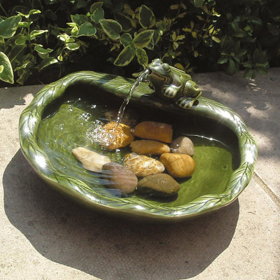 Solar Powered Frog Design Cascade Fountain - Green Glazed Ceramic ...