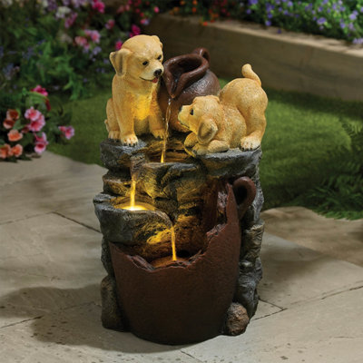 SOLAR PUPPY WATER FEATURE - CHEEKY PUPS WITH LED GLOW AND GENTLE WATER FLOW