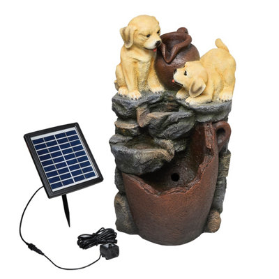 Solar Puppy Water Feature - Cheeky Pups with LED Glow and Gentle Water Flow