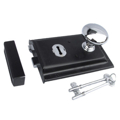 Solid Brass Black Rim Lock Door Knob Old Vintage Victorian Style CHROME HANDLES