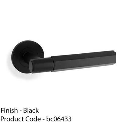 SOLID BRASS Hex Door Handle Set - Matt Black Industrial Lever Round Rose